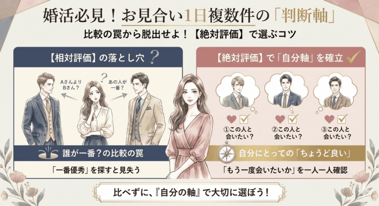 【婚活】お見合いを1日に複数行うときの判断軸｜“絶対評価”で迷わない選び方 | 結婚相談所Owen（オーウェン）